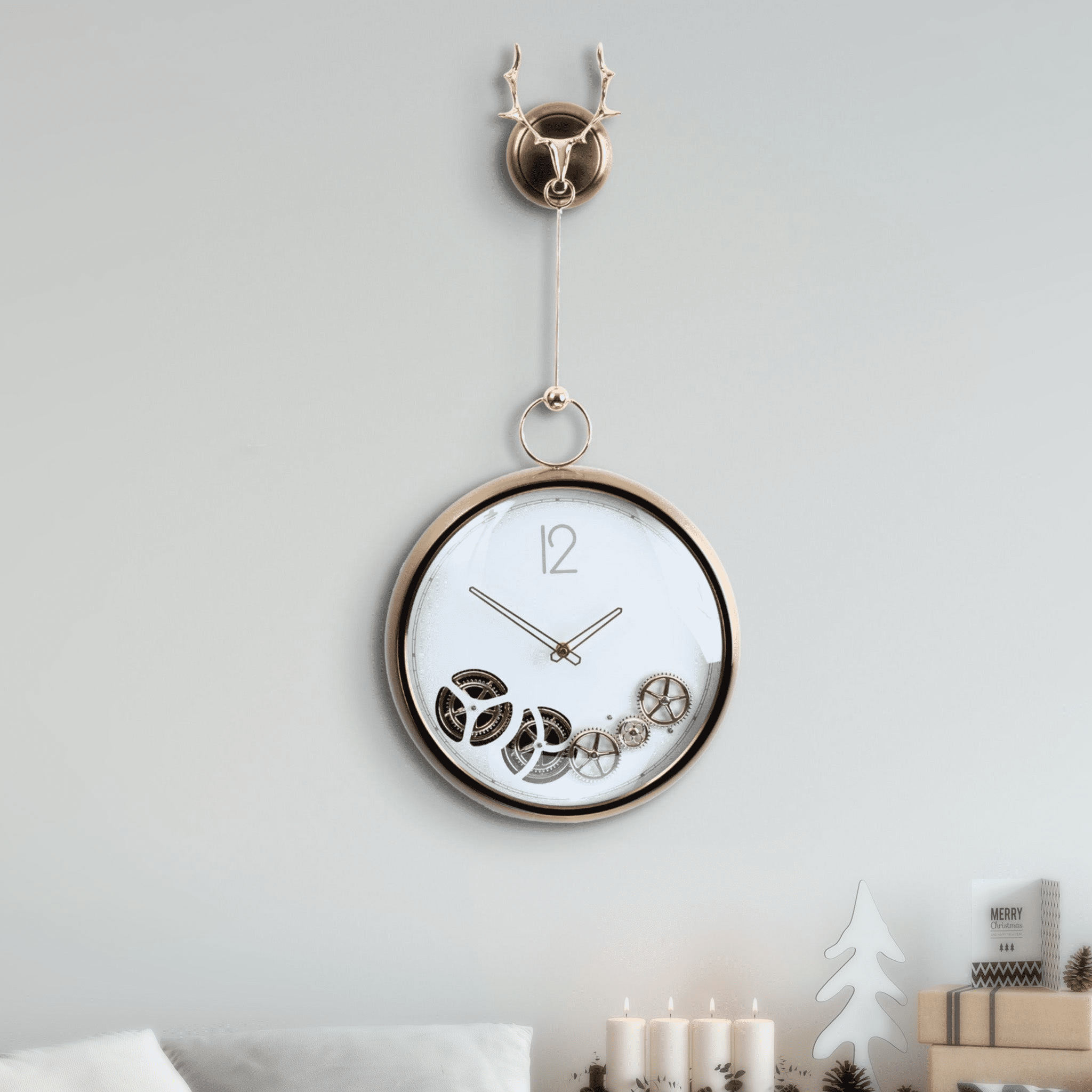 Elegant Metal Wall Clock with Pendulum Gears, Modern Gold Hanging Large ...