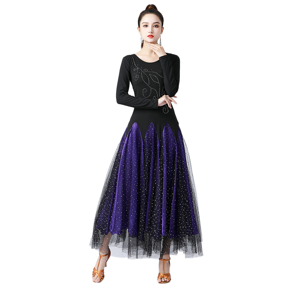 Elegant Modern Ballroom Dance Dress Long Sleeve Sequin Practice Gown ...