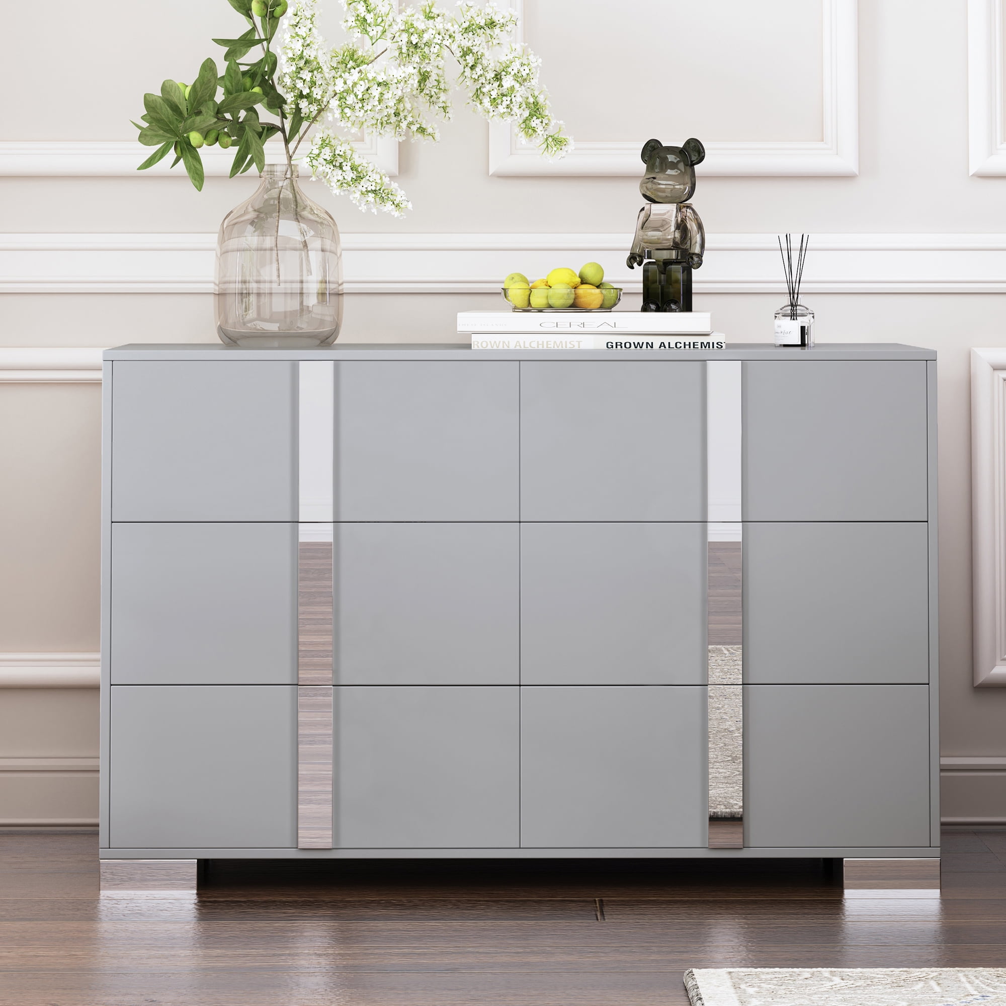 Elegant Modern Dresser with Metal Foot,Mirrored Storage Cabinet with 6 ...