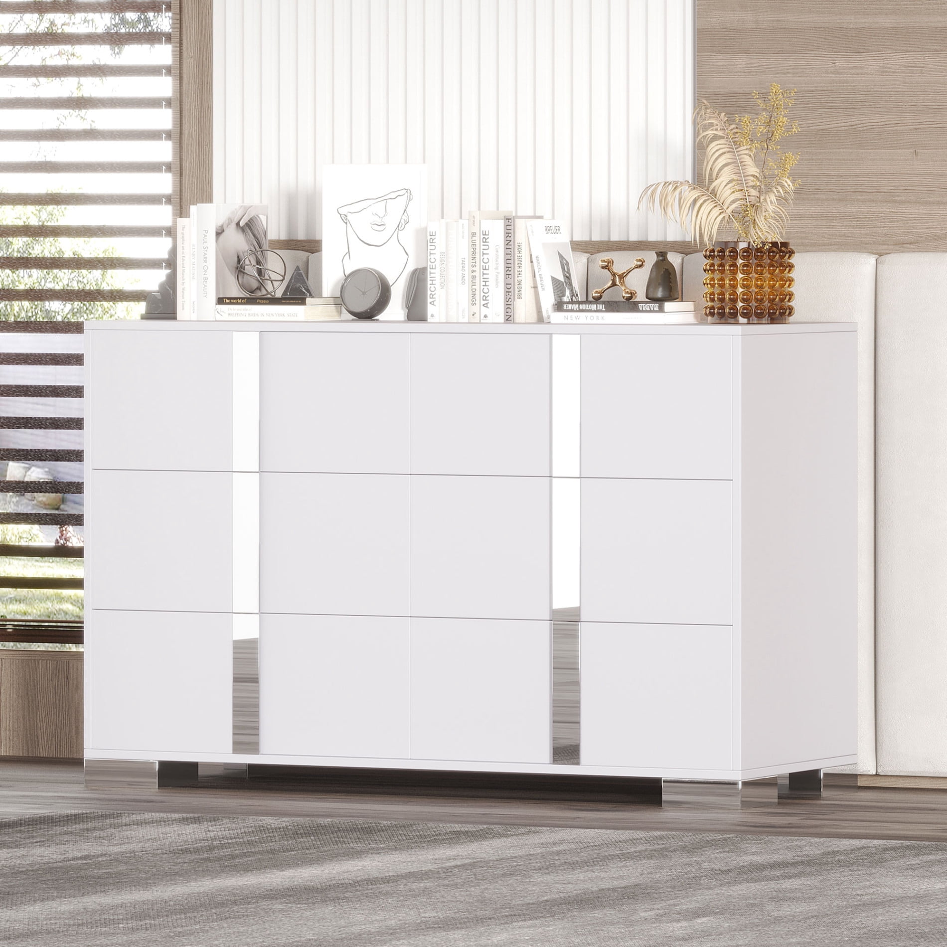 Elegant Modern Dresser with Metal Handle, Mirrored Storage Cabinet with ...