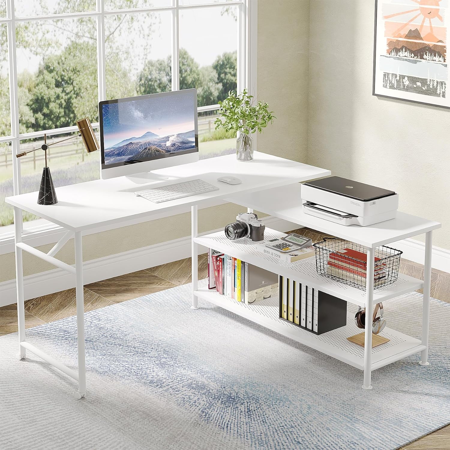 Elegant Modern L-Shaped Desk with Storage Shelves, 360°Rotating Desk ...