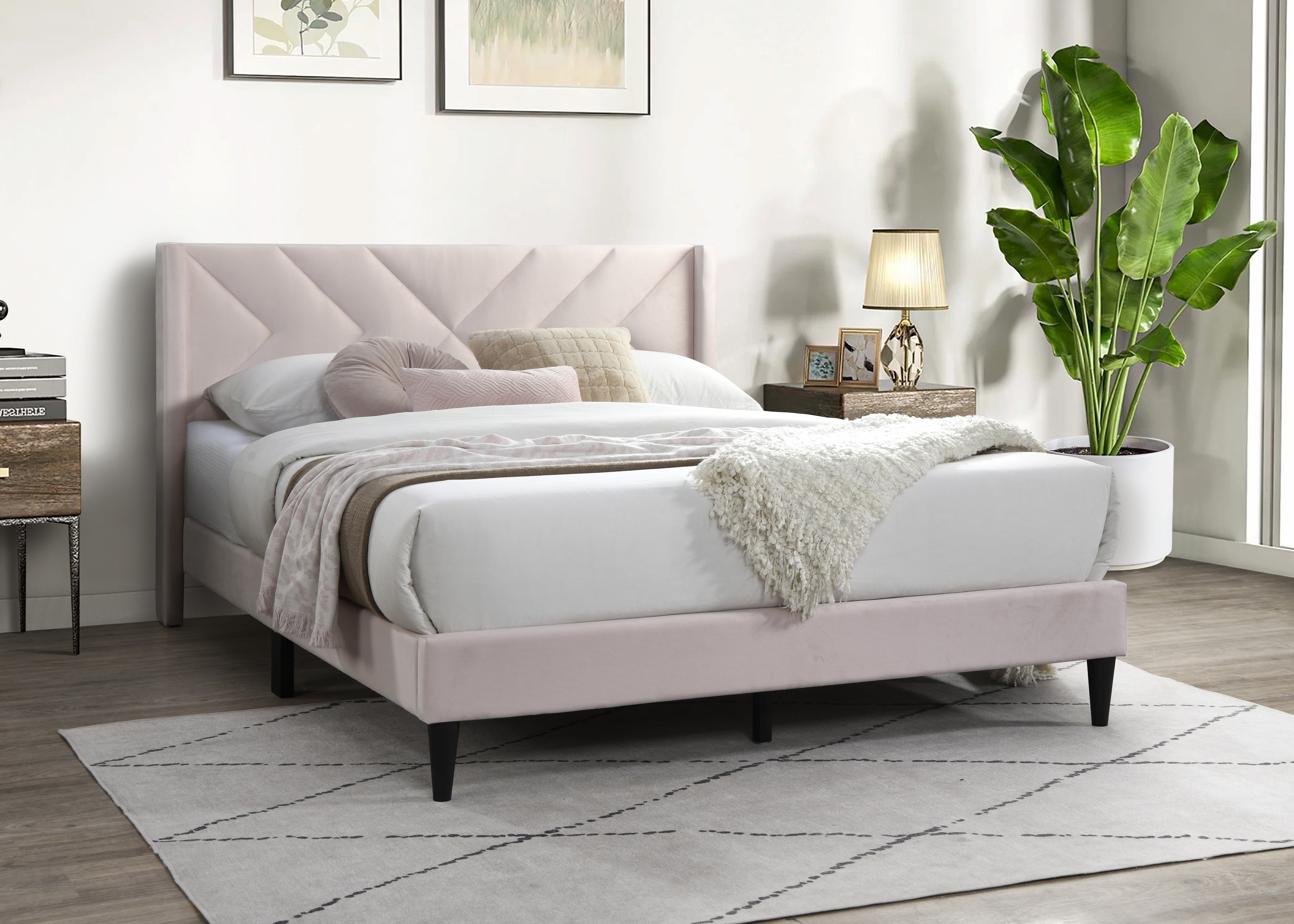 Elegant Modern Light Pink Velvet Upholstered Queen Size Bed Clean Lines ...