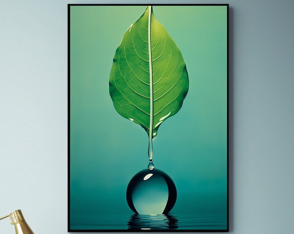 Elegant Modern Nature Artwork Minimalist Raindrop & Abstract Leaf Art ...