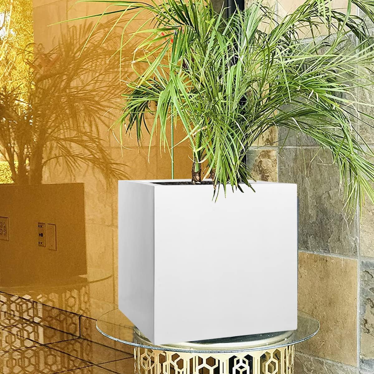 Elegant Modern White Glossy Square Indoor Outdoor Planter Pot – 16”H x ...