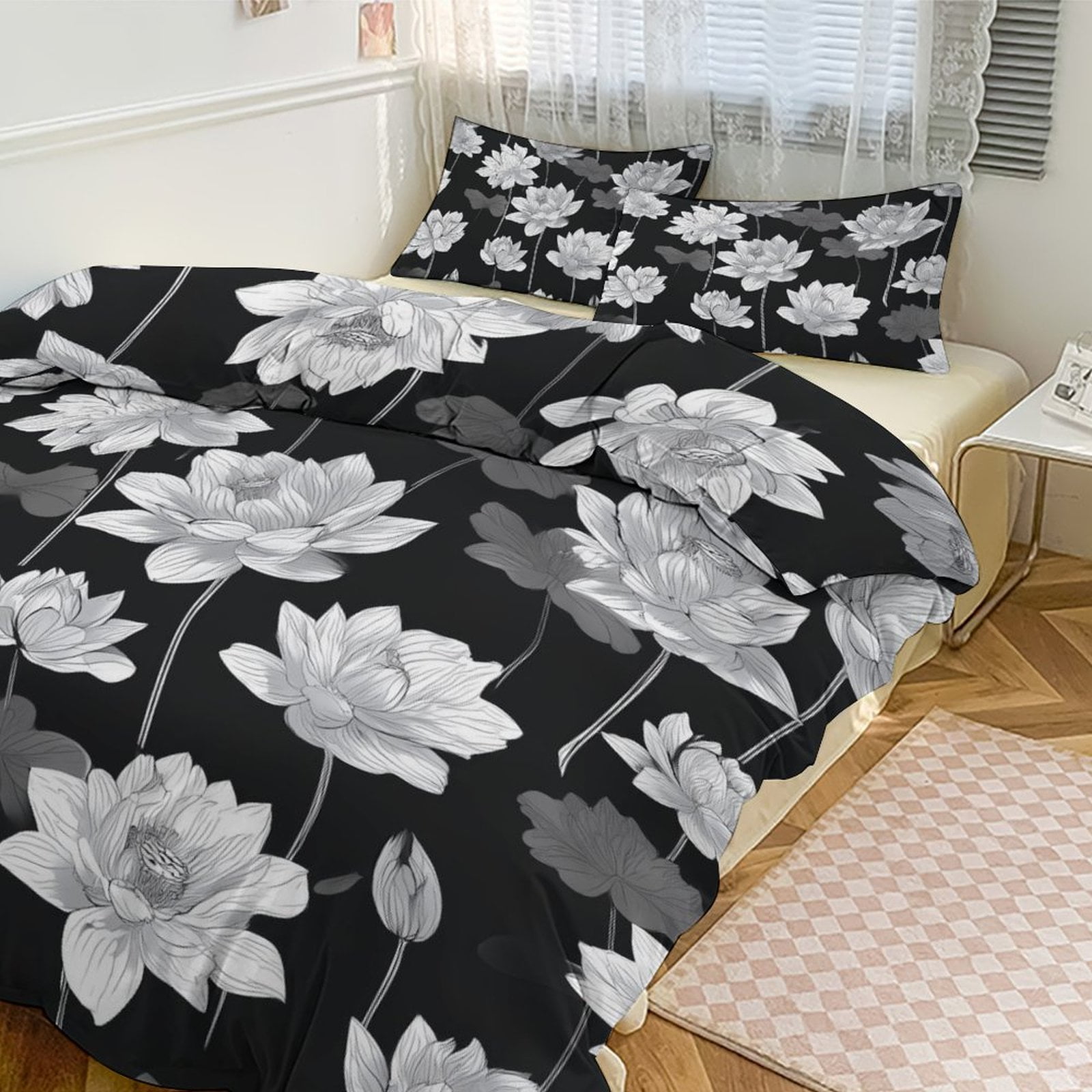 Elegant Monochrome Lotus Flower Pattern Bedding Set with Zipper Closure ...