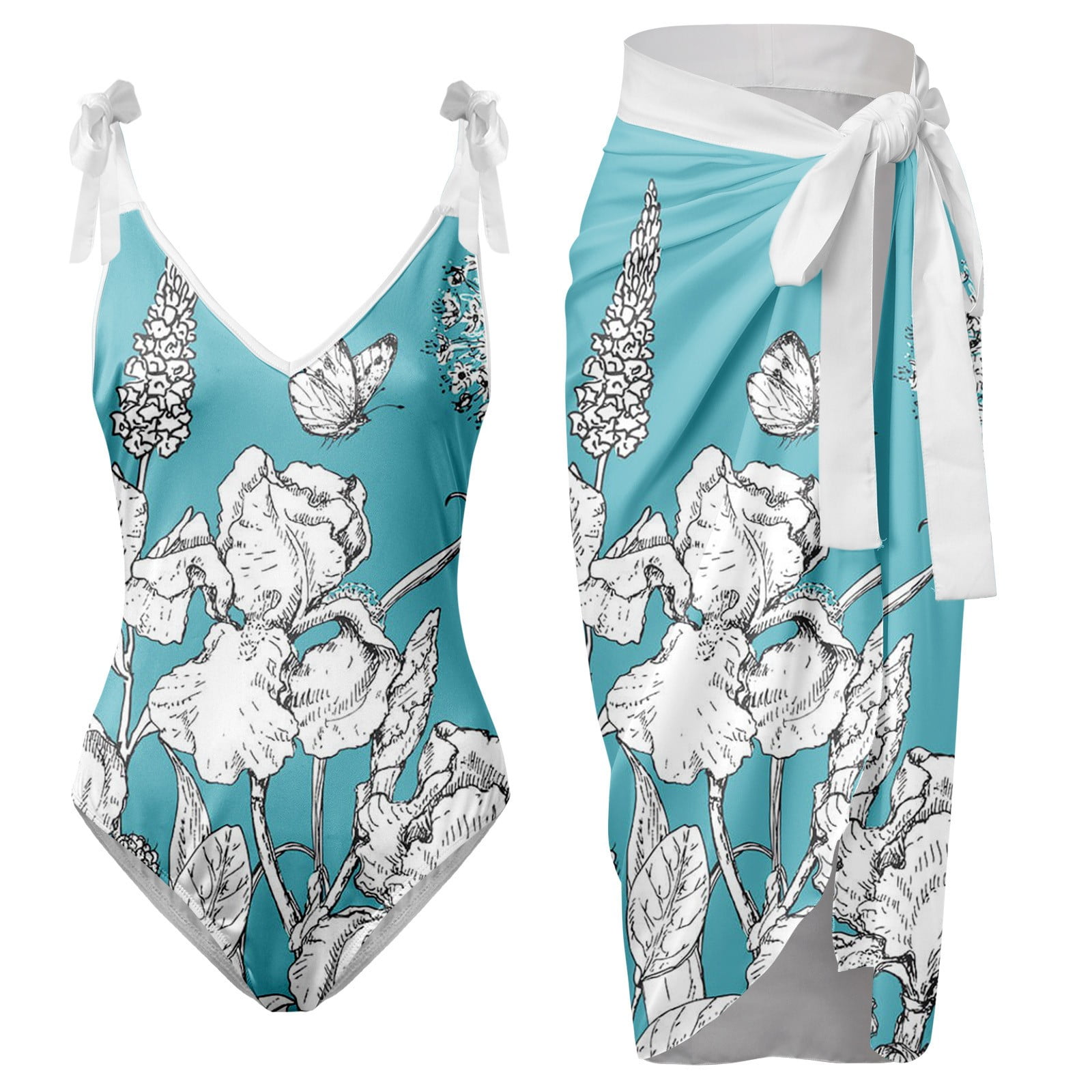 Elegant Monokini For Women Stylish V Neck Flower Printed Skirt Sets