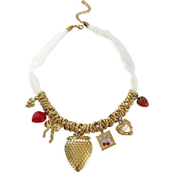 Elegant Multi Loop Wrapped Necklace with Strawberry Fruit Bowknot Charm ...