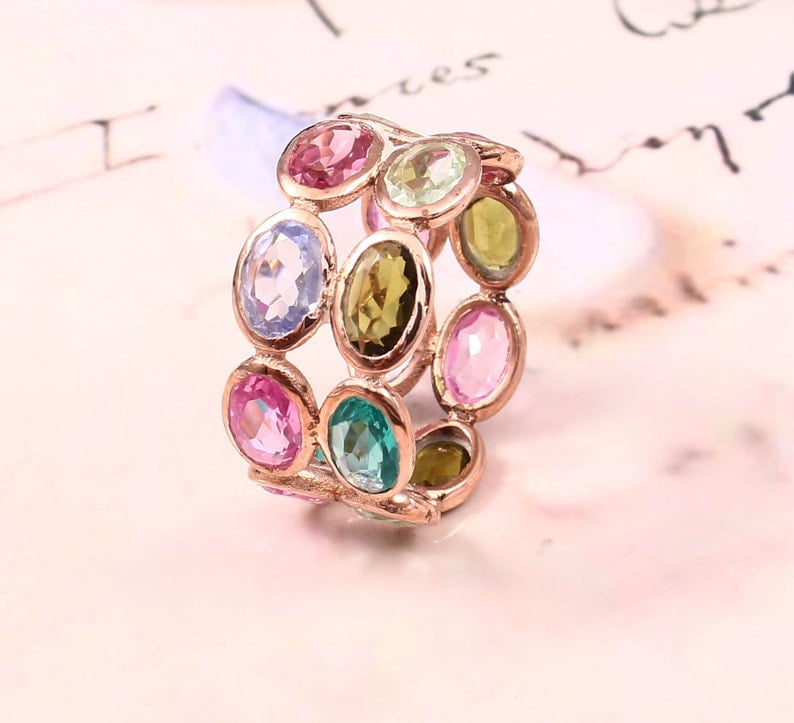 Elegant Multi-Tourmaline Ring Unique October Birthstone Tourmaline Band with Stunning Gemstones ...