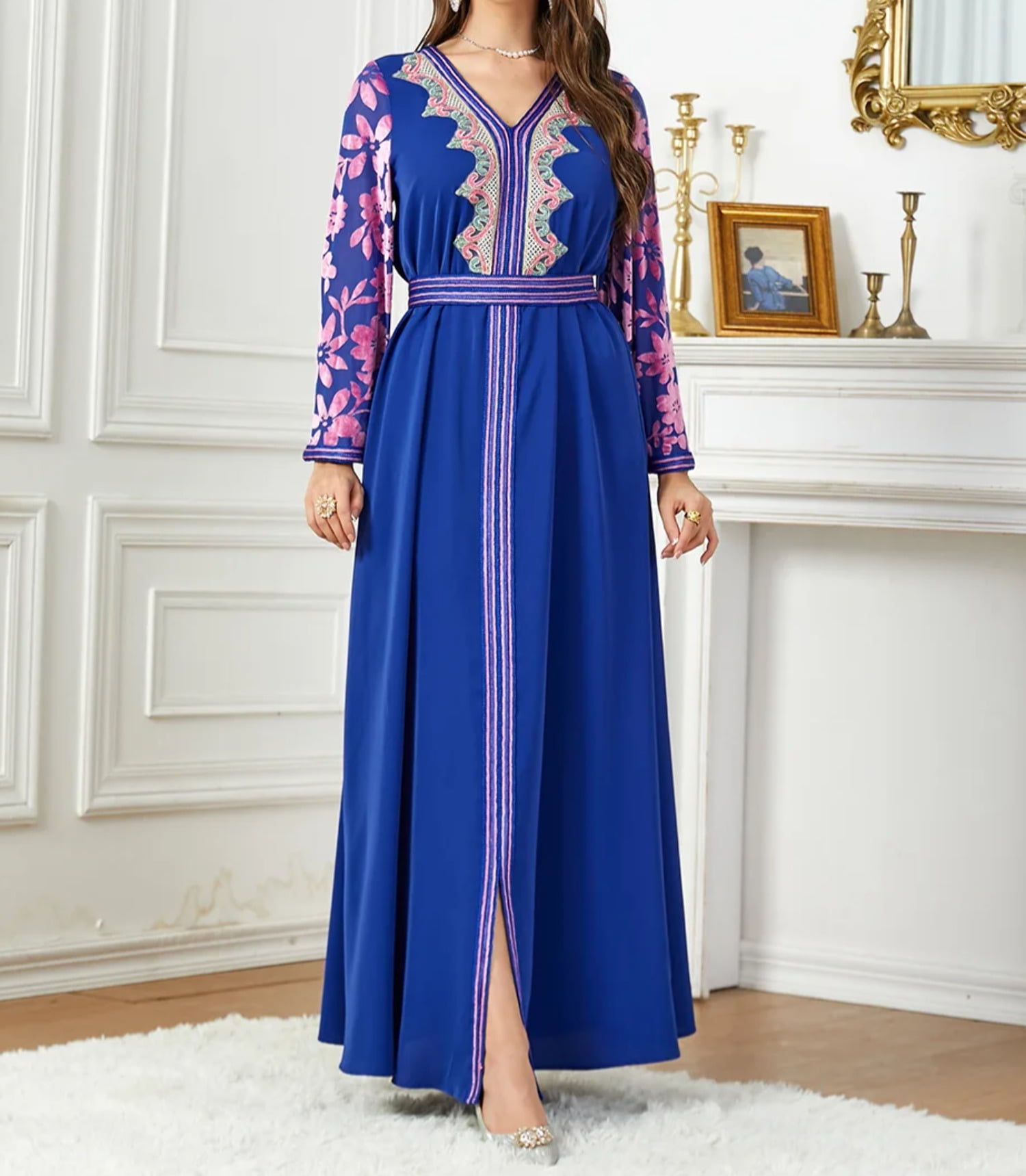 Elegant Muslim Party Dress for Women Abaya Embroidery Split Lace-up ...