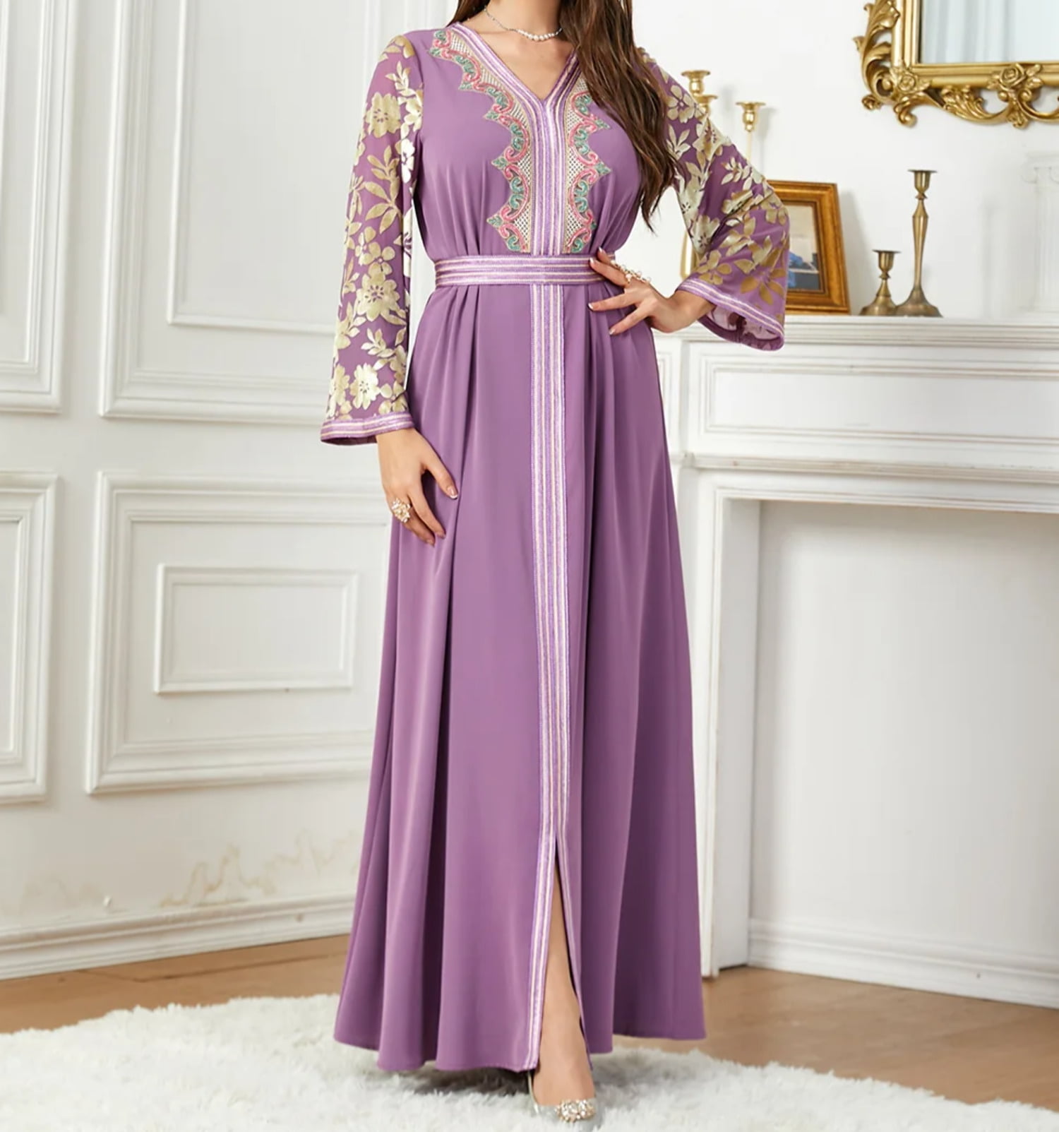 Elegant Muslim Party Dress for Women Abaya Embroidery Split Lace-up ...