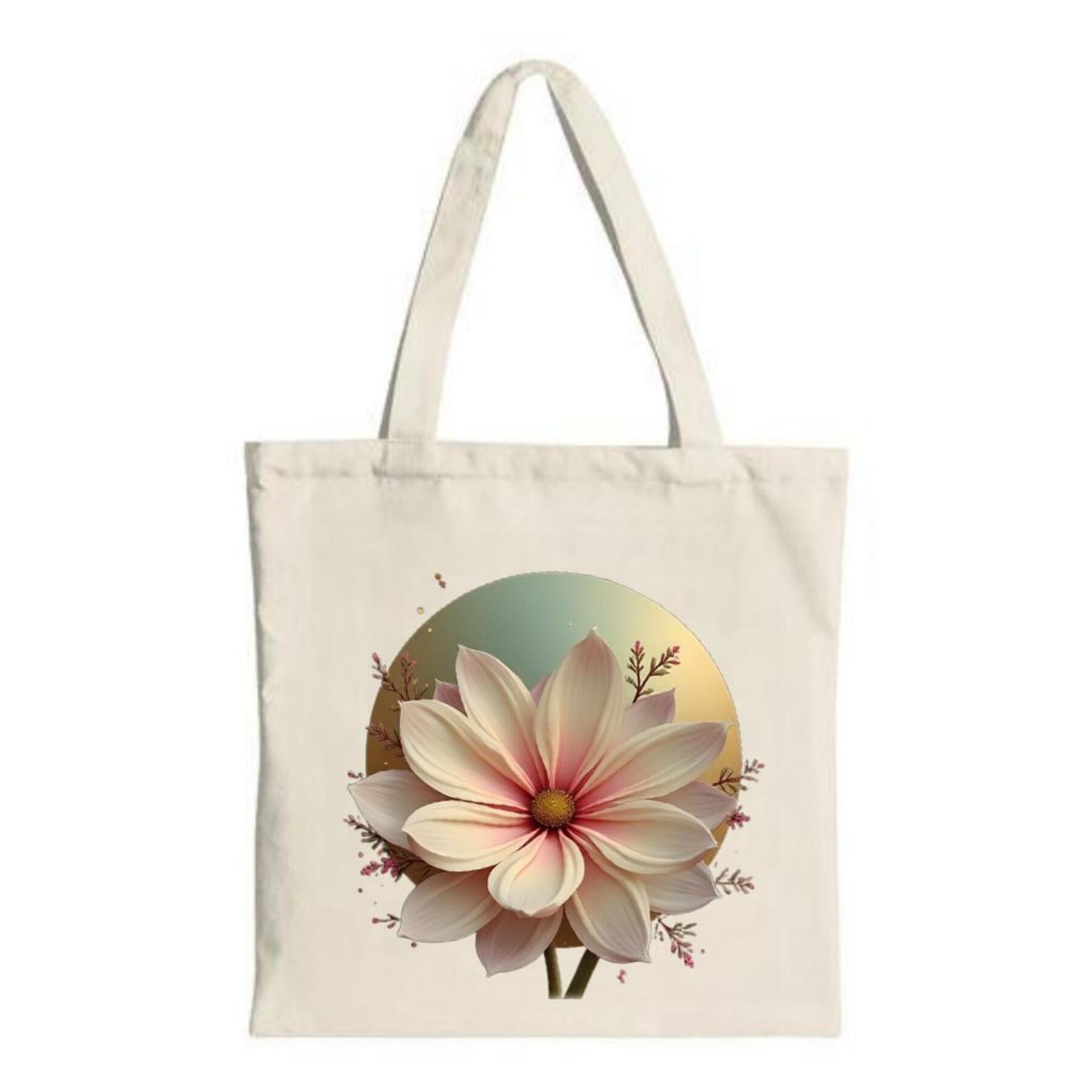 Elegant Natural Canvas Tote Bag with Stylized Pink Flower & Green ...