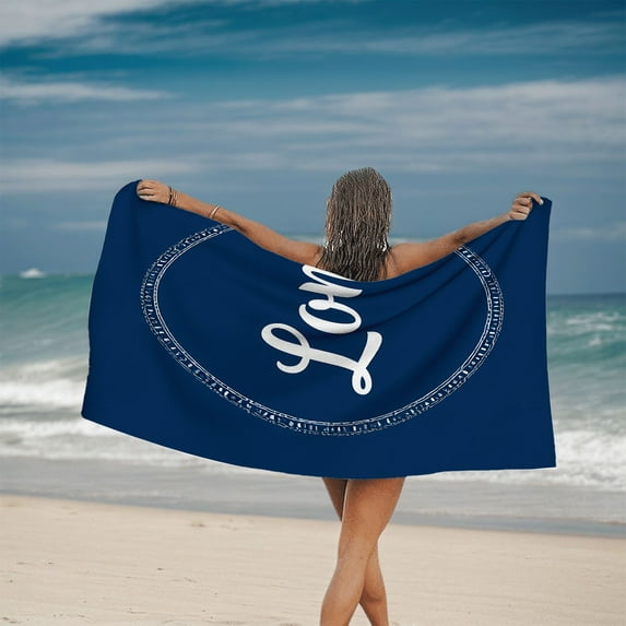 Elegant Navy Blue Oval Beach Towel with Cursive ' Lonh ' Design and ...