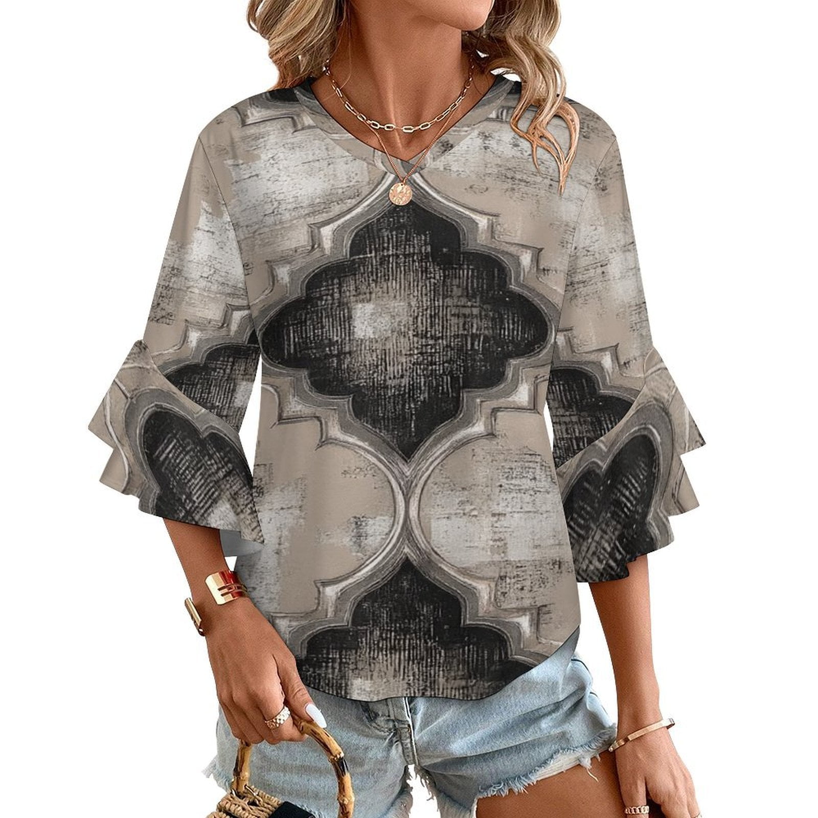 Elegant Neutral Quatrefoil Pattern Women's V-Neck Blouse With 3/4 ...
