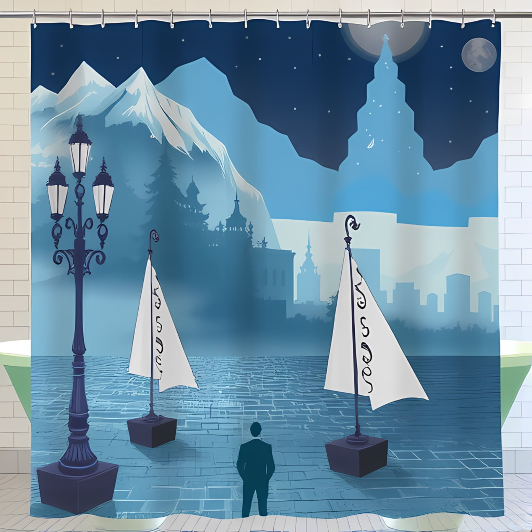 Elegant Nighttime Cityscape Shower Curtain - Features Snow - Capped ...