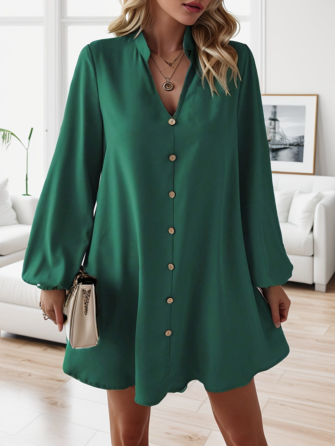Elegant Notched Neck Shirt Dress - Long Sleeve, Button Front, Relaxed ...