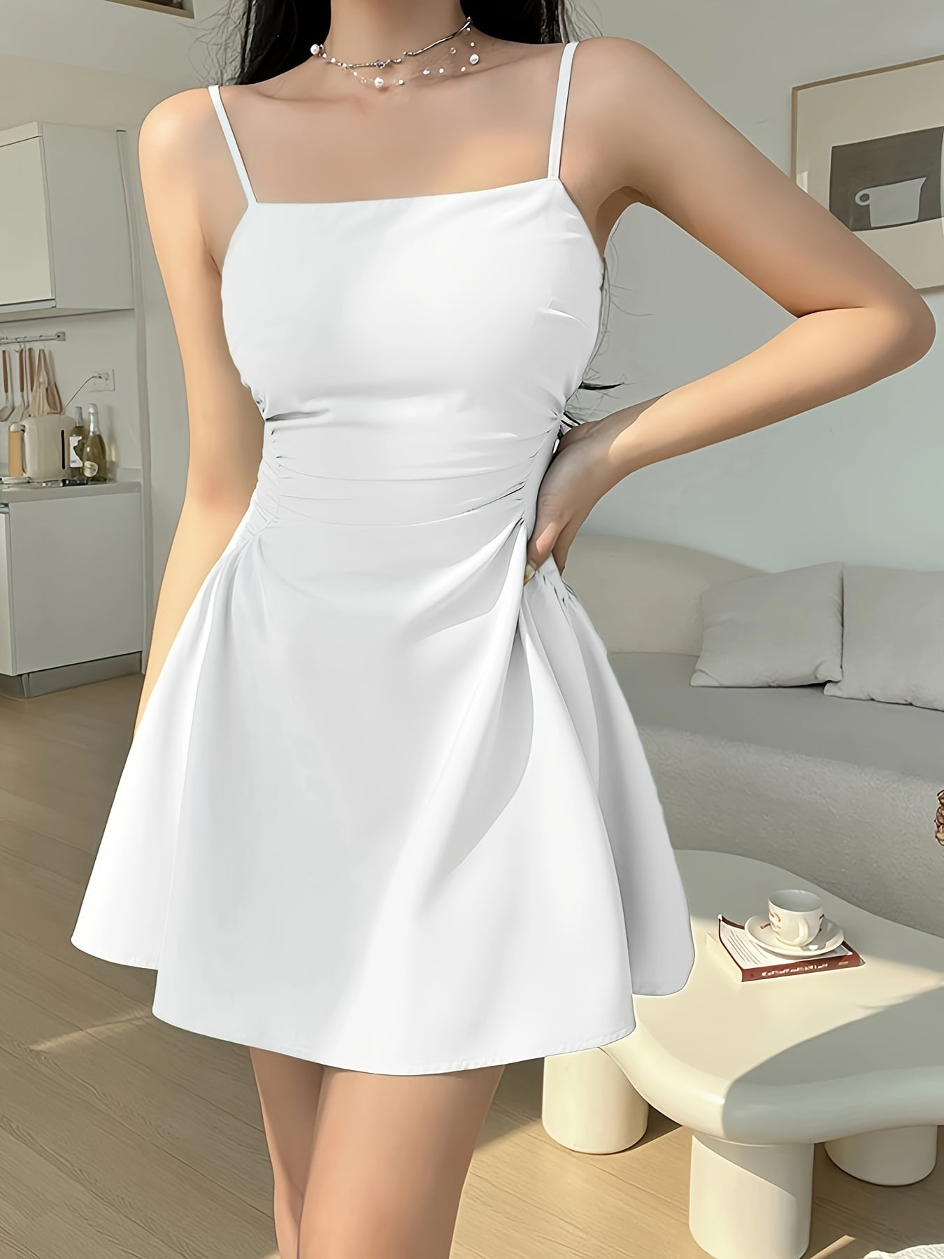 Elegant Off-Shoulder Spaghetti Dress - Chic Backless A-line, Durable ...