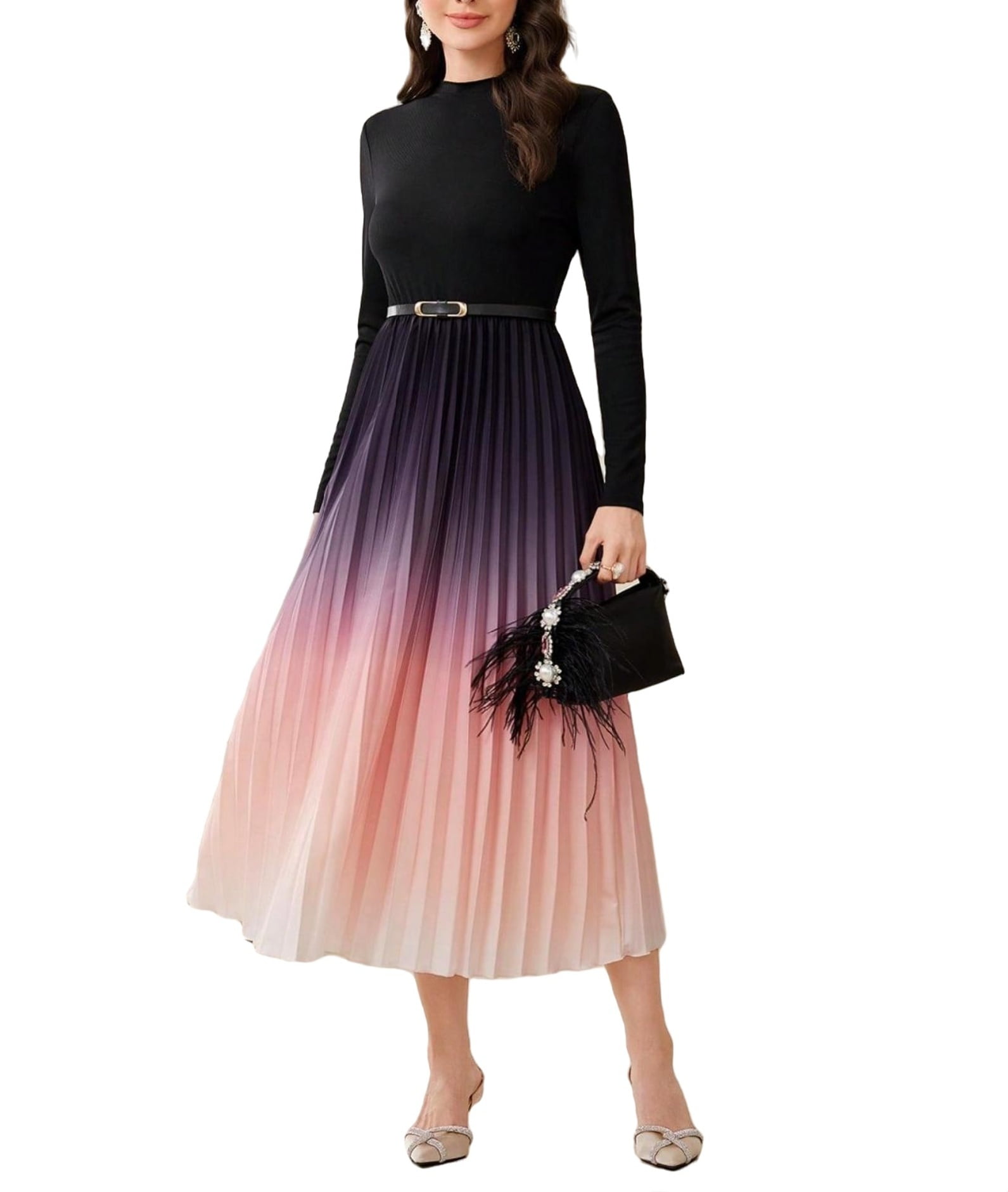 Elegant Ombre Print A Line Dress Stand Collar Black Women Dresses ...