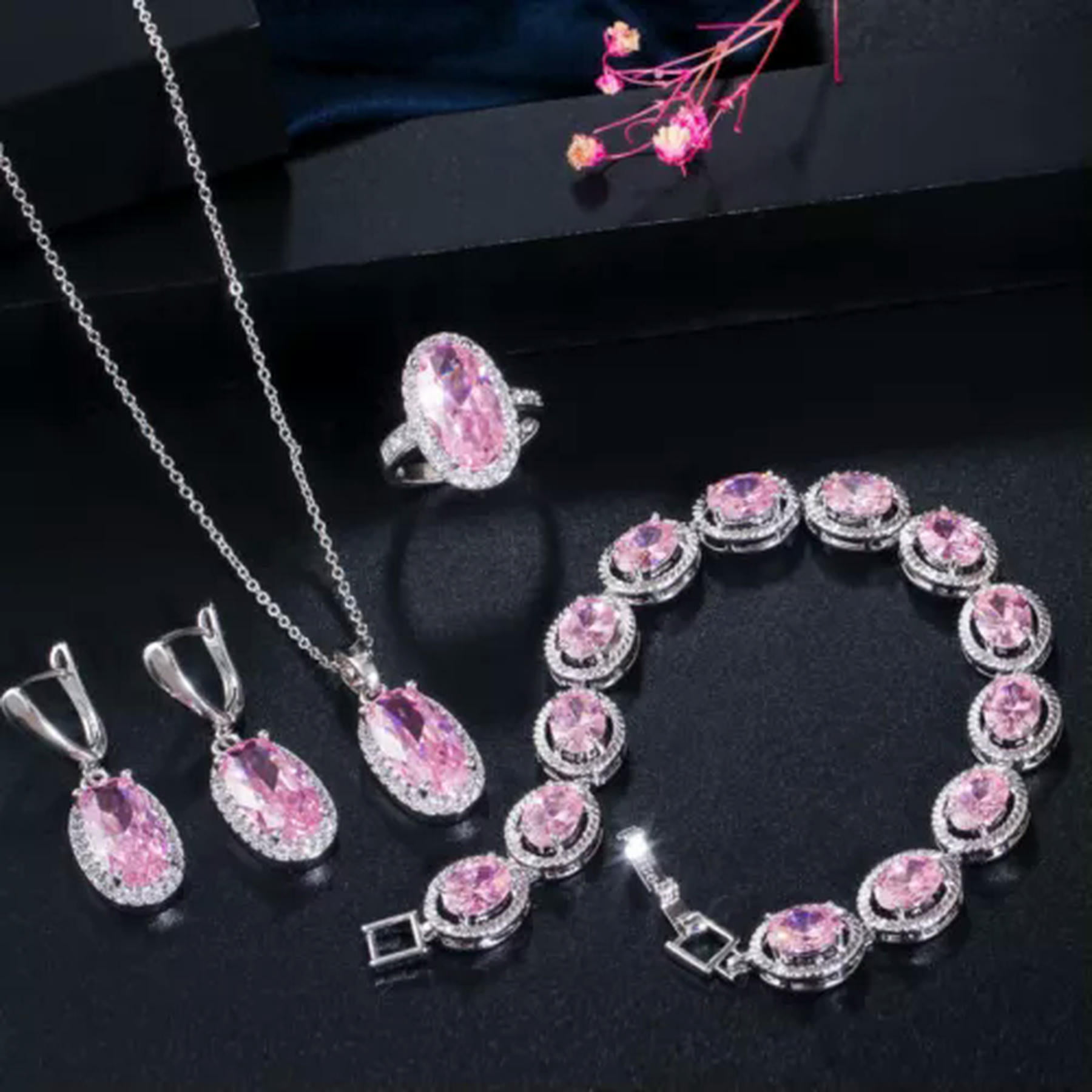 Elegant Oval Pink Cubic Zircon Stone Necklace Earrings Bracelet Ring ...