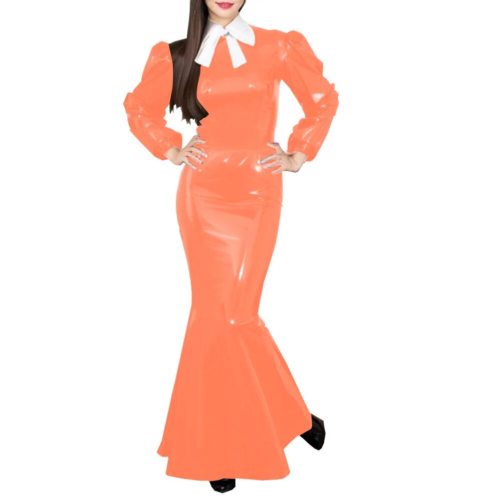 Elegant PVC Wet Look Long Prom Dresses Puff Long Sleeve Glossy Patent ...