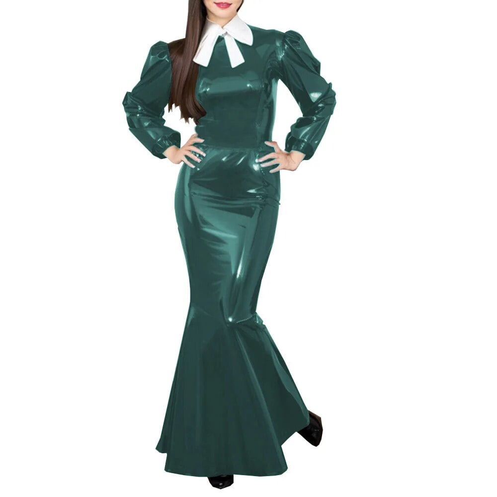 Elegant PVC Wet Look Long Prom Dresses Puff Long Sleeve Glossy Patent ...