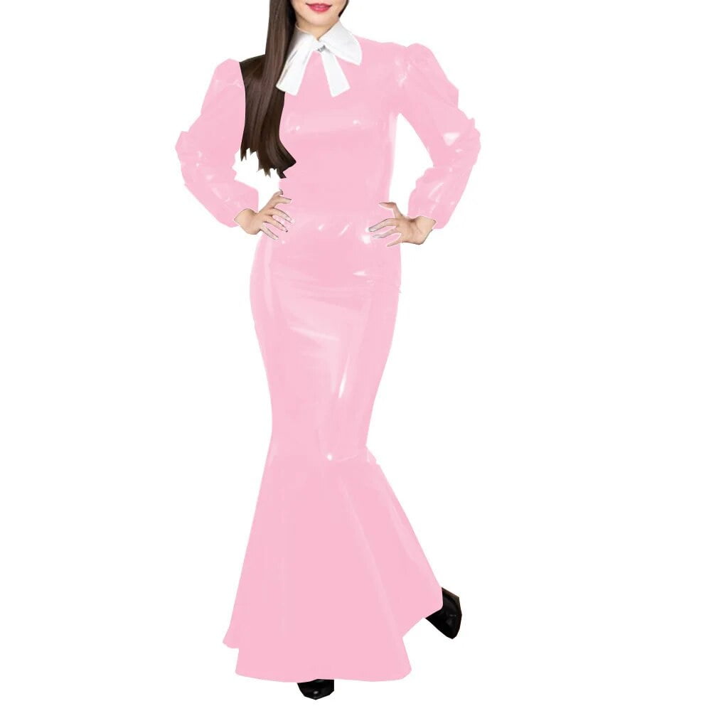 Elegant PVC Wet Look Long Prom Dresses Puff Long Sleeve Glossy Patent ...