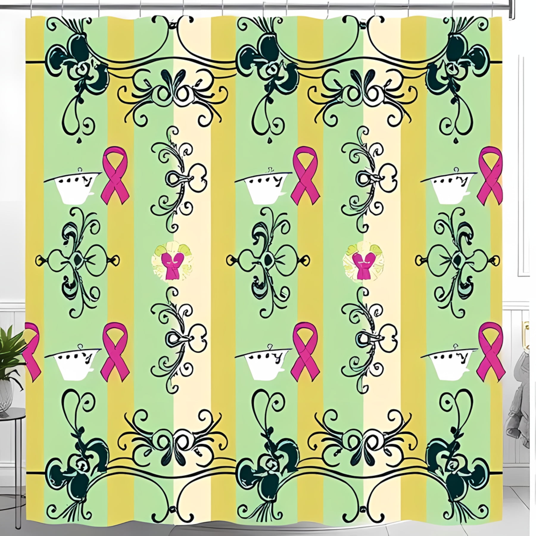 Elegant Pale Green and Gold Stripes Shower Curtain with Black Filigree ...