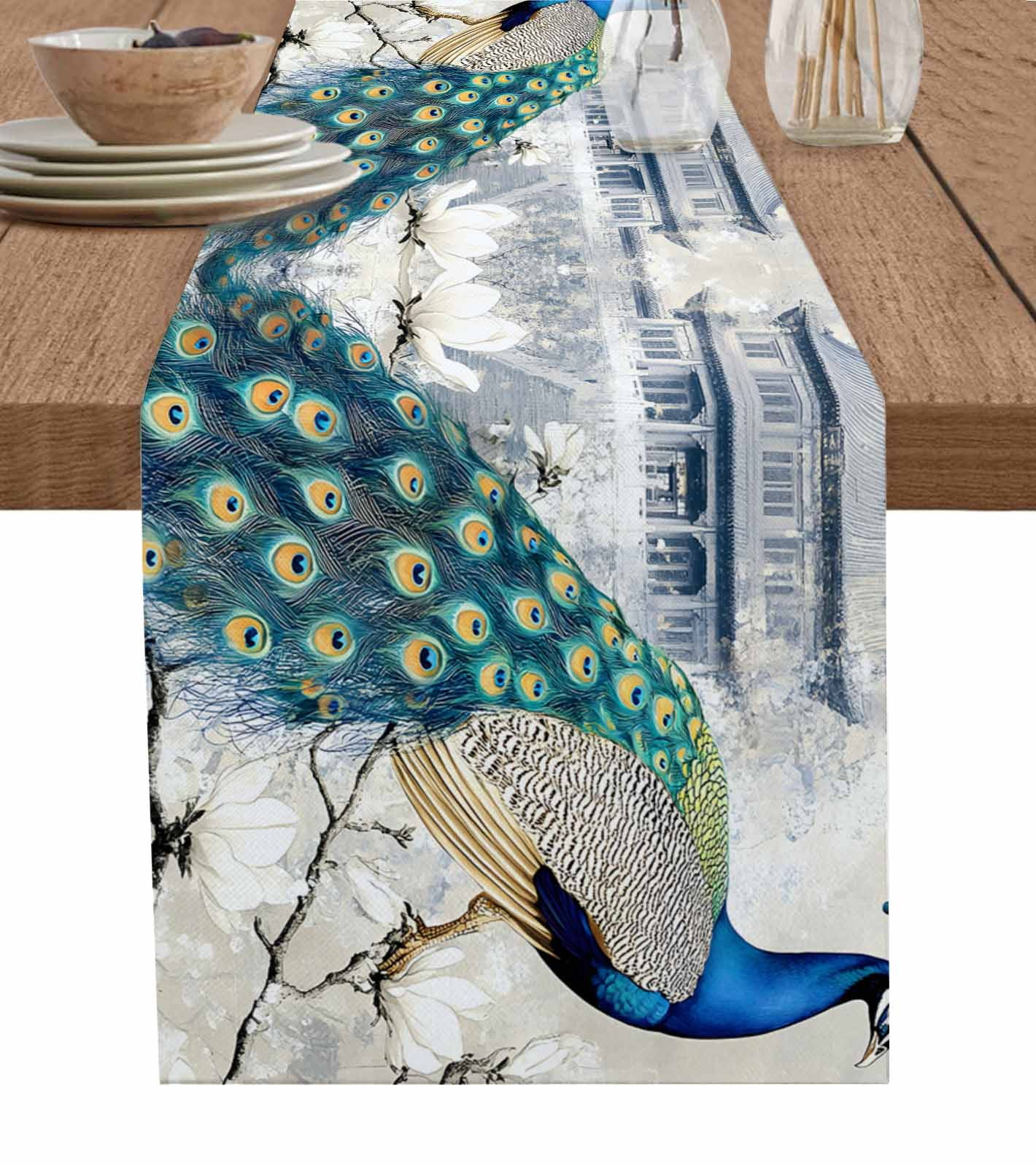 Elegant Peacock Burlap Cotton Table Runner 16x72 Inches Long, Vintage ...
