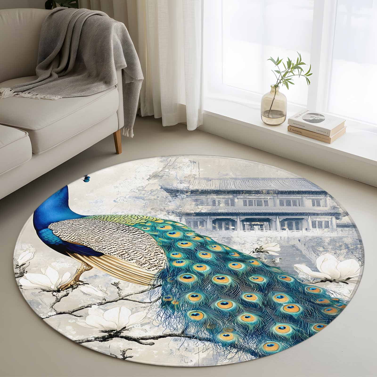 Elegant Peacock Round Rug 3.3ft Washable Circle Entryway Rugs Non Slip ...