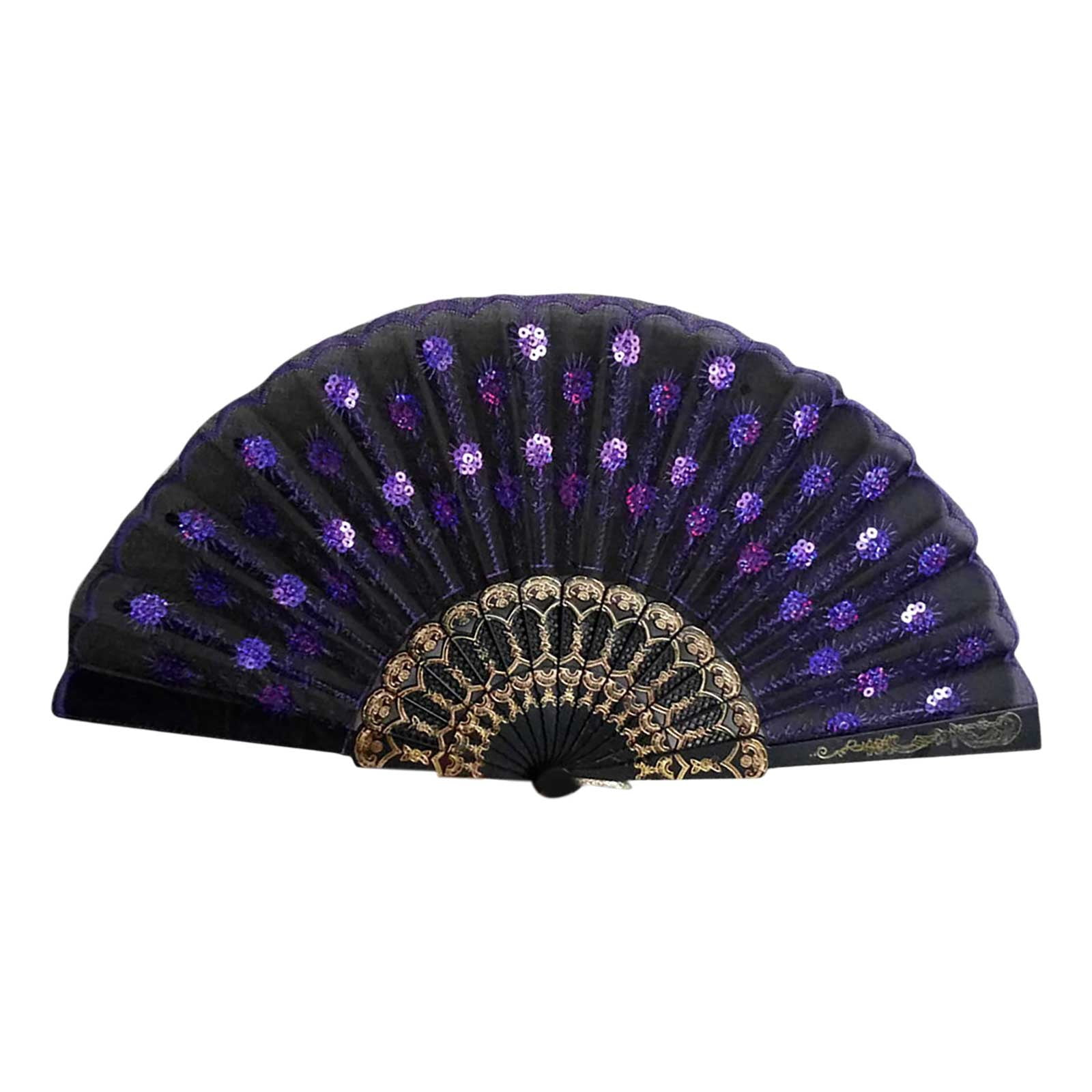 Elegant Peacock Sequin Hand Fan - 16.5" Foldable Fabric Handheld Fan ...
