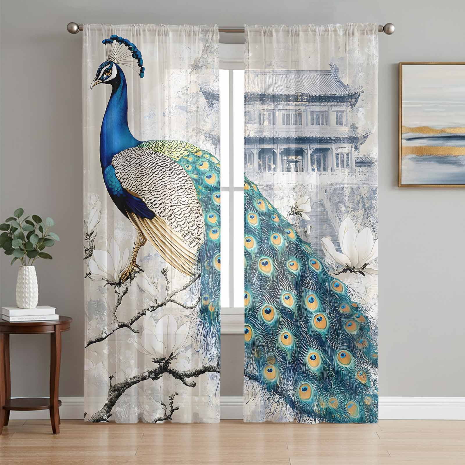 Elegant Peacock Sheer Curtains 84 Inch Length 2 Panels Set, Vintage ...