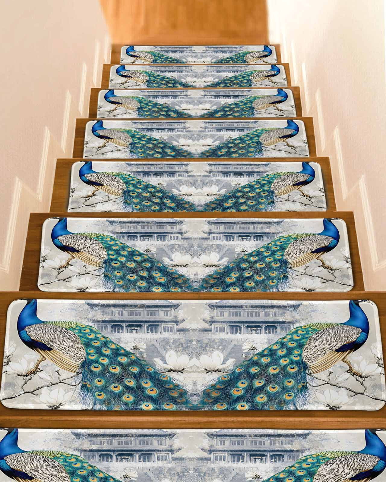 Elegant Peacock Stair Treads for Wooden Steps Indoor Runner Rug Carpet ...