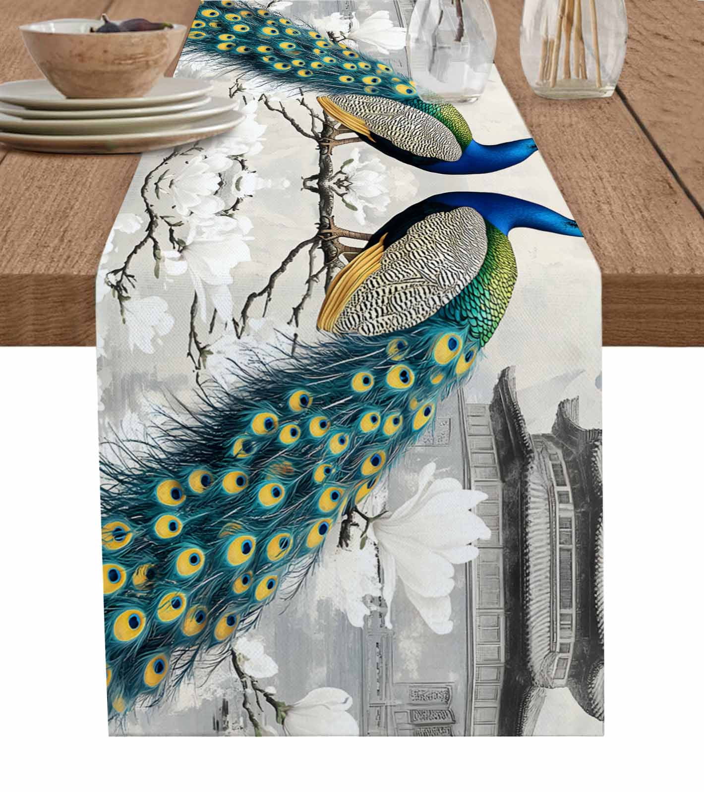 Elegant Peacock Table Runner 120 Inches, Watercolor Feather Attic Retro ...