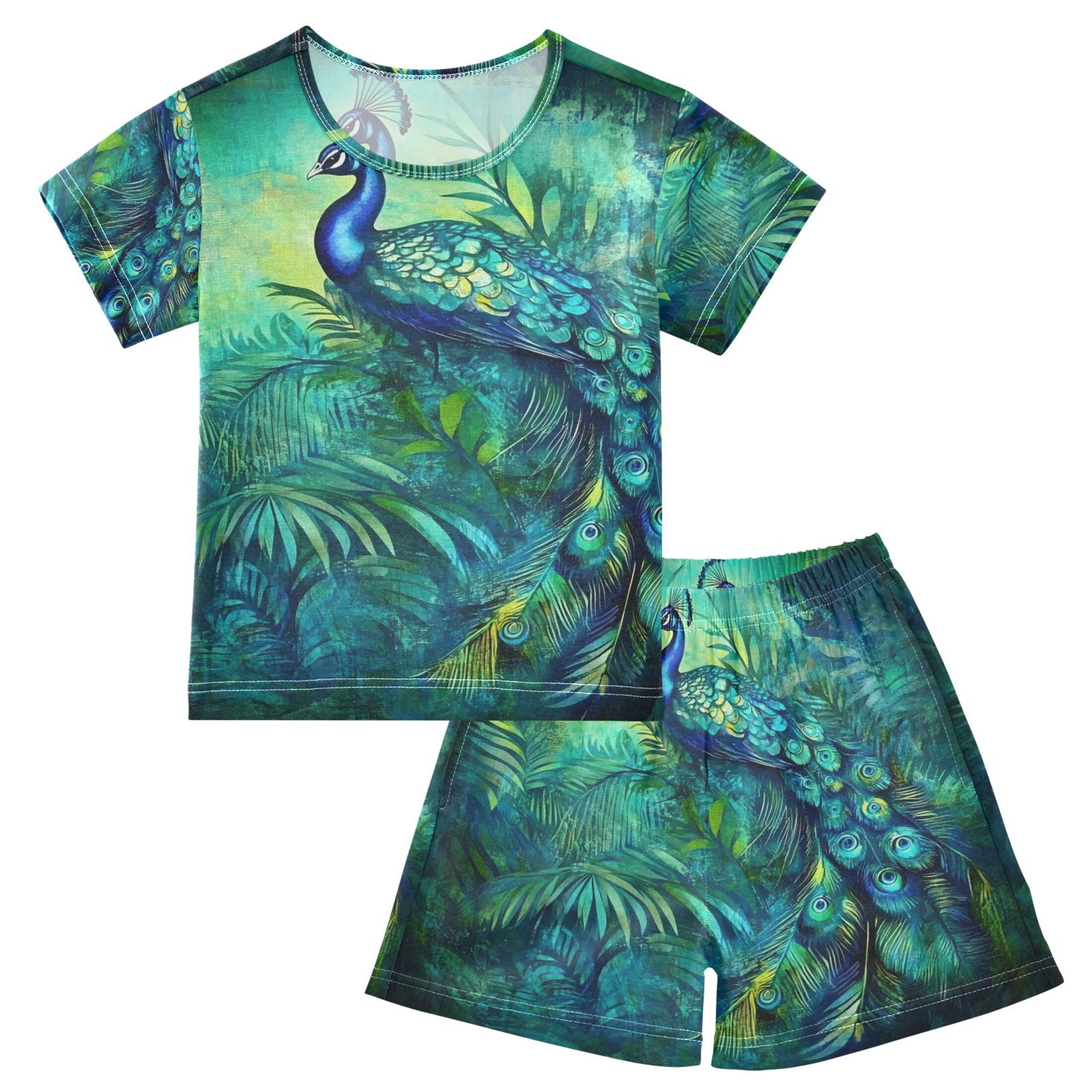 Elegant Peacock in Green Summer Pajama Set Soft Cotton Short Sleeve ...