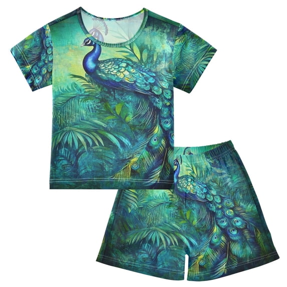 Elegant Peacock in Green Summer Pajama Set Soft Cotton Short Sleeve ...