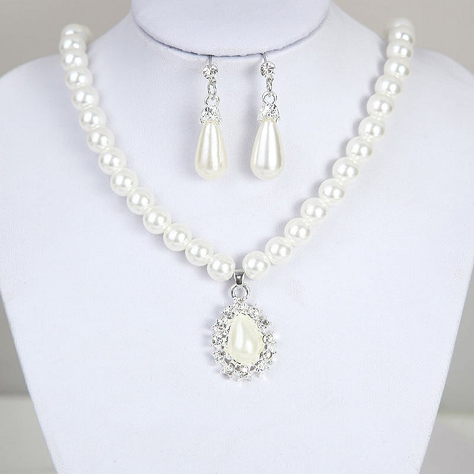 Elegant Pearl Crystal Drop Earrings Chain Necklace Wedding Party ...