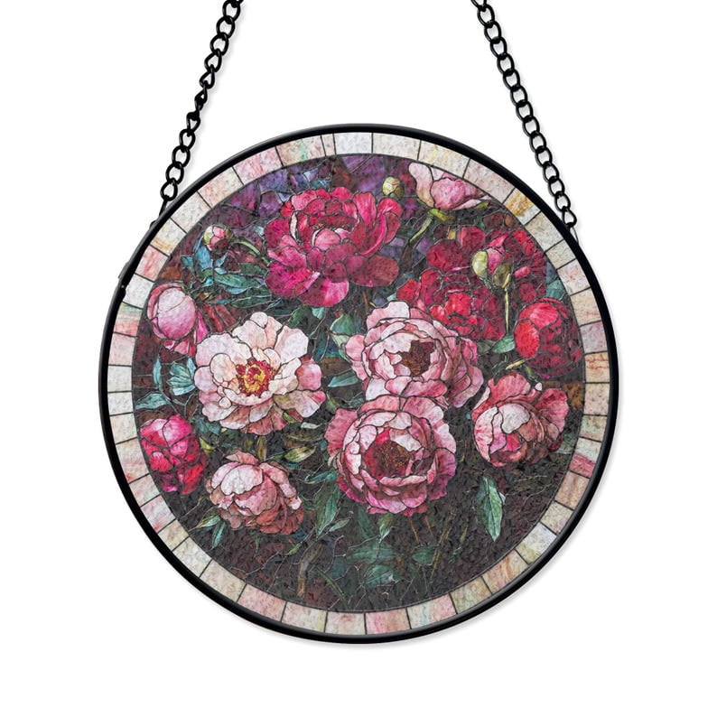 Elegant Peony Stained Glass Art with Bold Red and Pink Flower Design ...