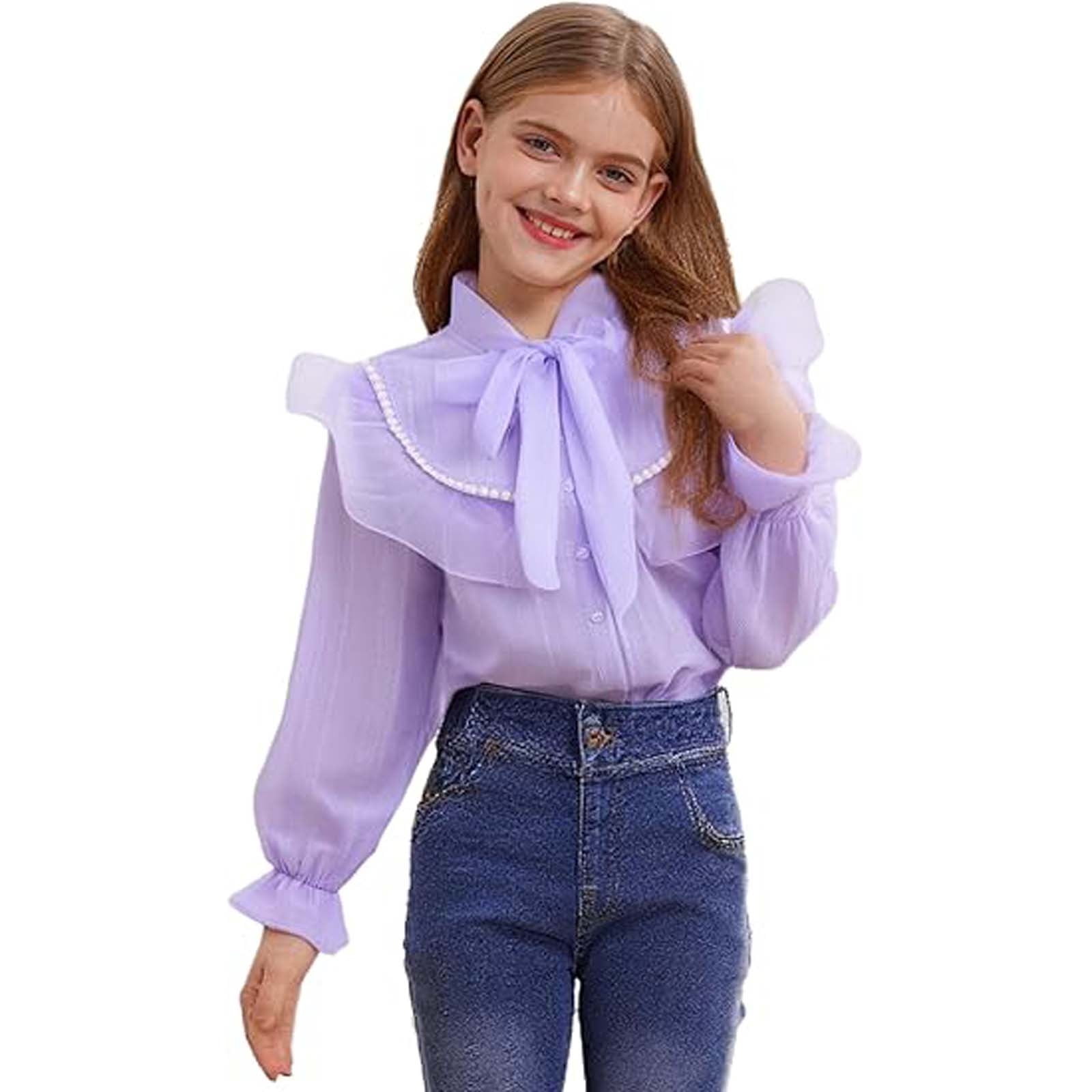 Elegant Pink Blouse for Girls with Ruffled Collar and Bow Detail ...