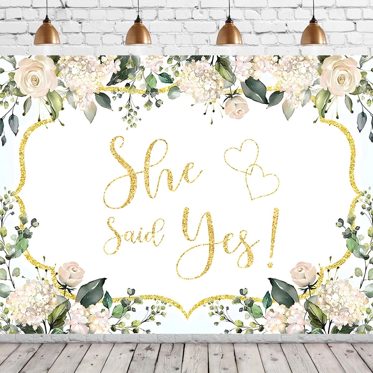 Elegant Pink Floral & Green Leaves Bridal Shower Backdrop Banner - "She ...