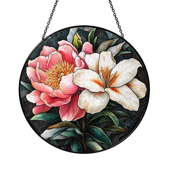 Elegant Pink Peony Lily Stained Glass Suncatcher Panel, Decorative ...