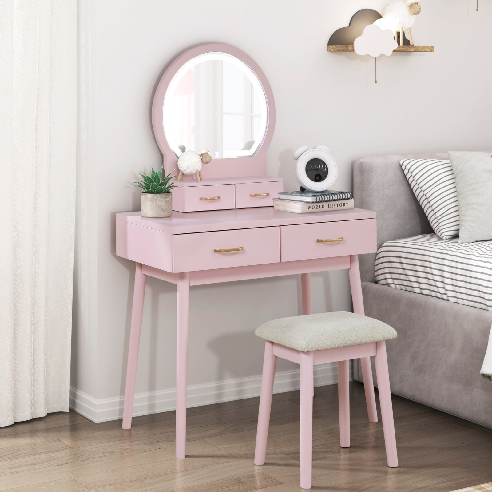 Elegant Pink Vanity Dresser Set with LED Mirror & Stool, Modern Makeup ...
