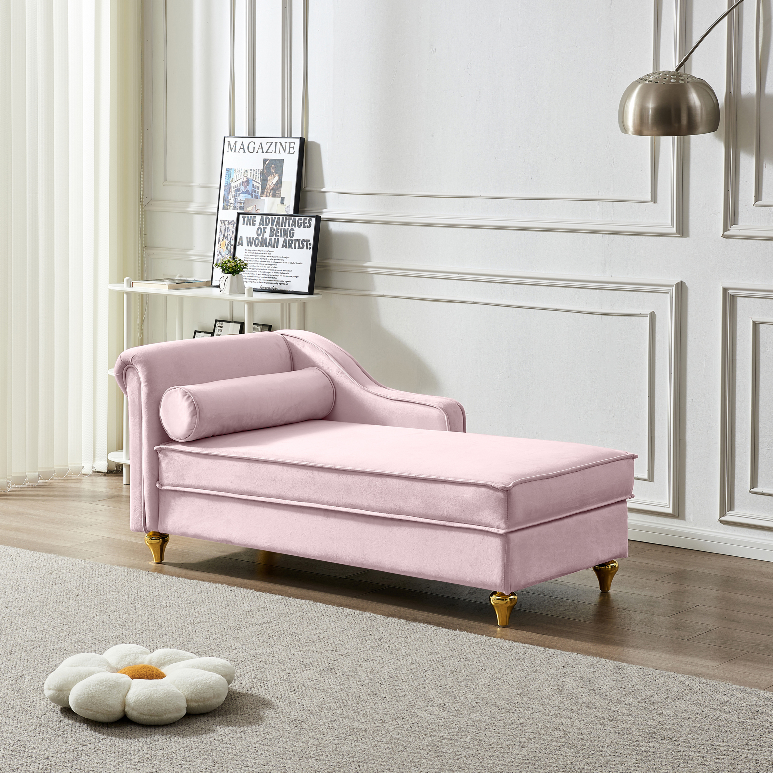 Elegant Pink Velvet Chaise Lounge Chair with Storage | Modern ...