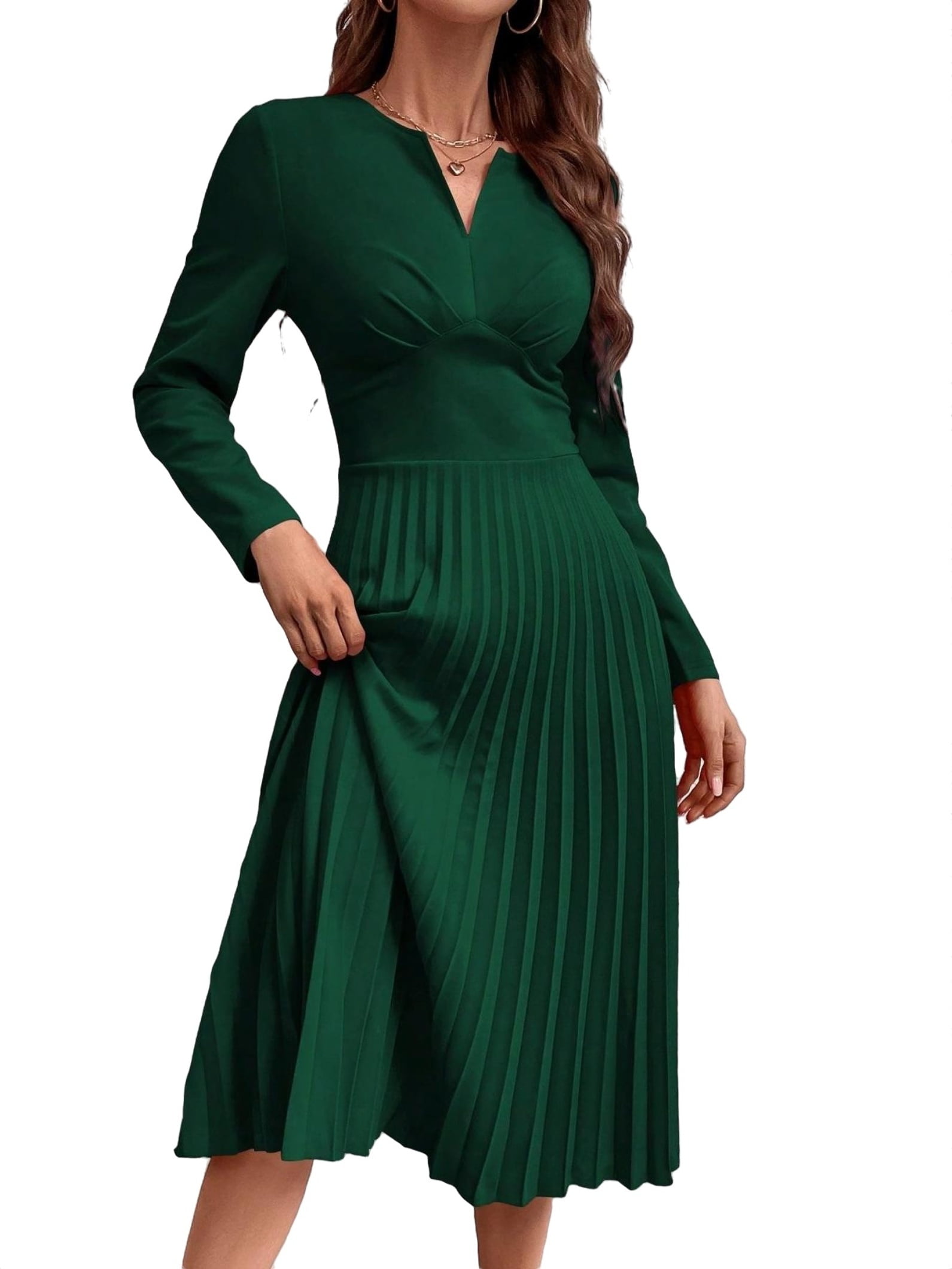 Elegant Plain A Line Dress Notched Neck Dark Green Women Dresses ...