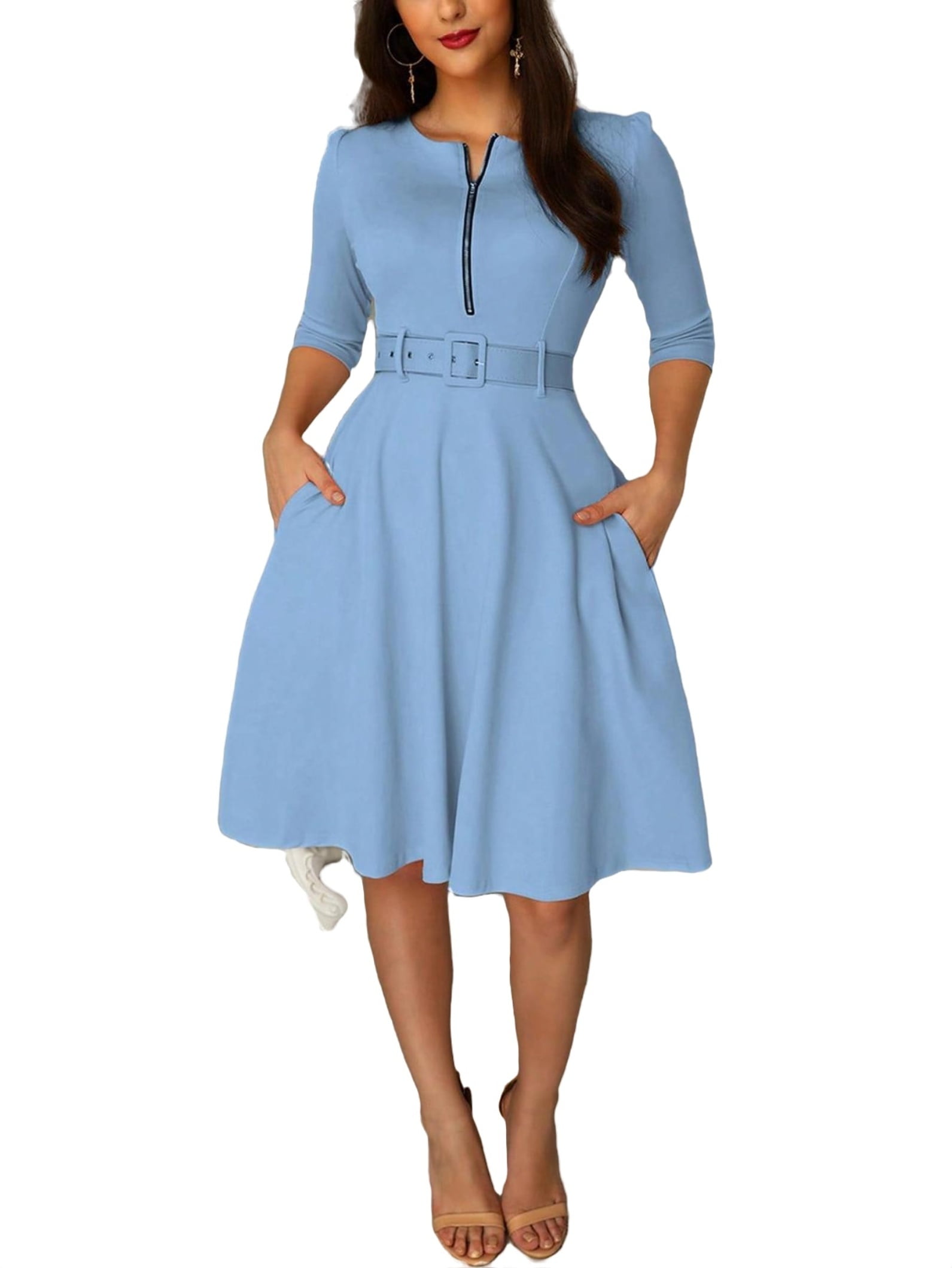 Elegant Plain A Line Dress Round Neck Baby Blue Women Dresses - Walmart.com
