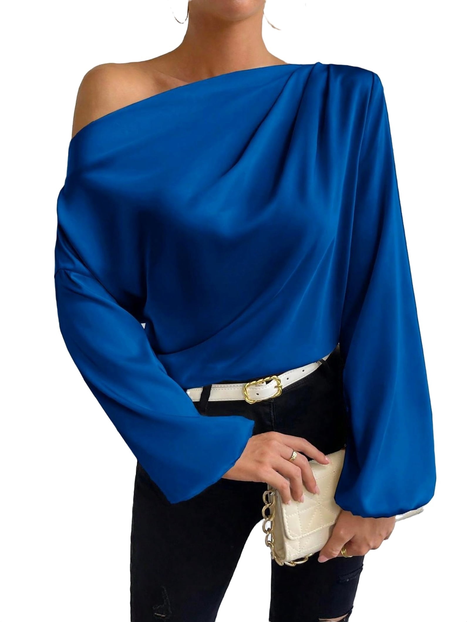 Elegant Plain Asymmetrical Neck Top Long Sleeve Royal Blue Women ...