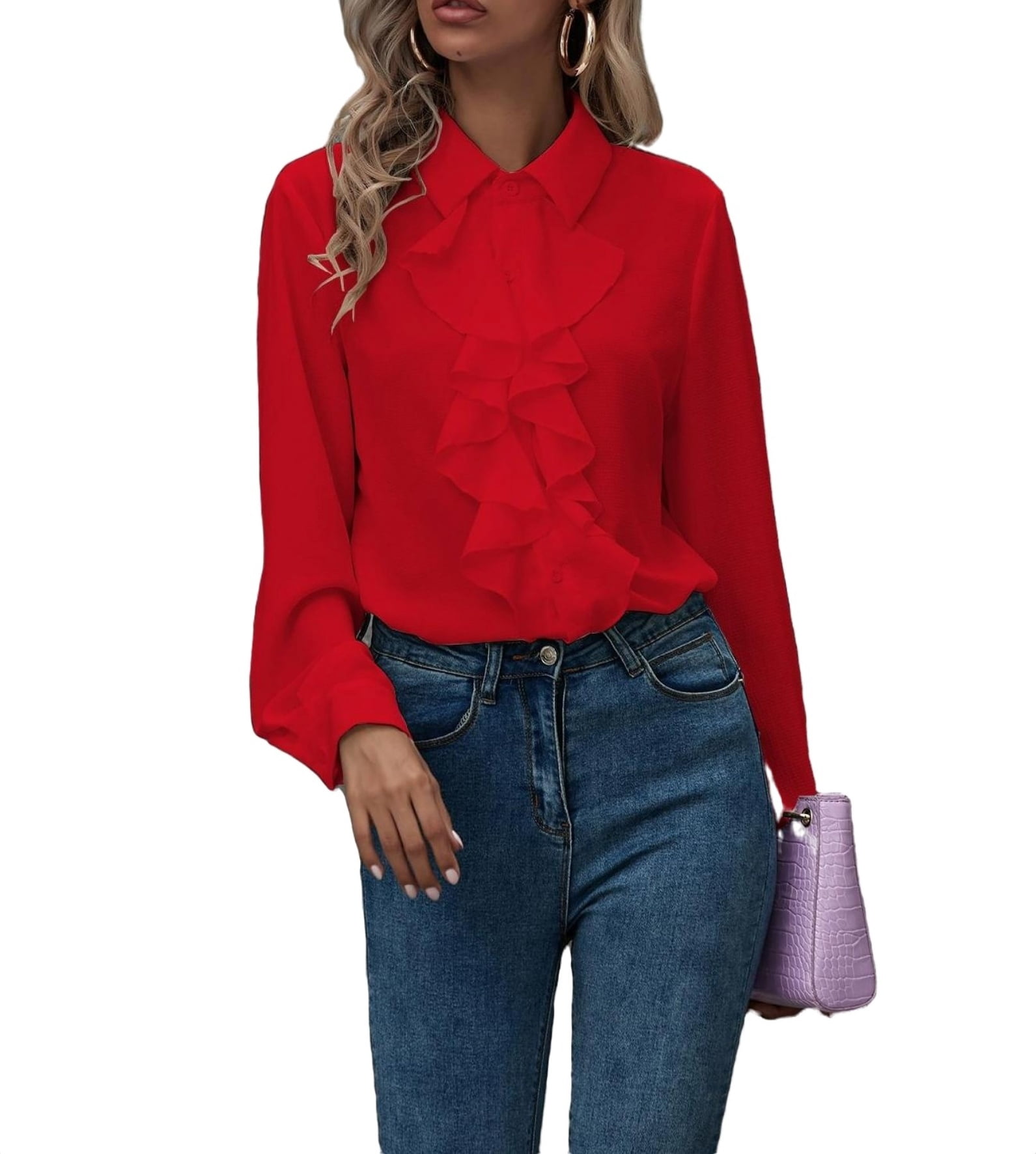 Elegant Plain Collar Shirt Long Sleeve Red Women Blouses (Women's ...