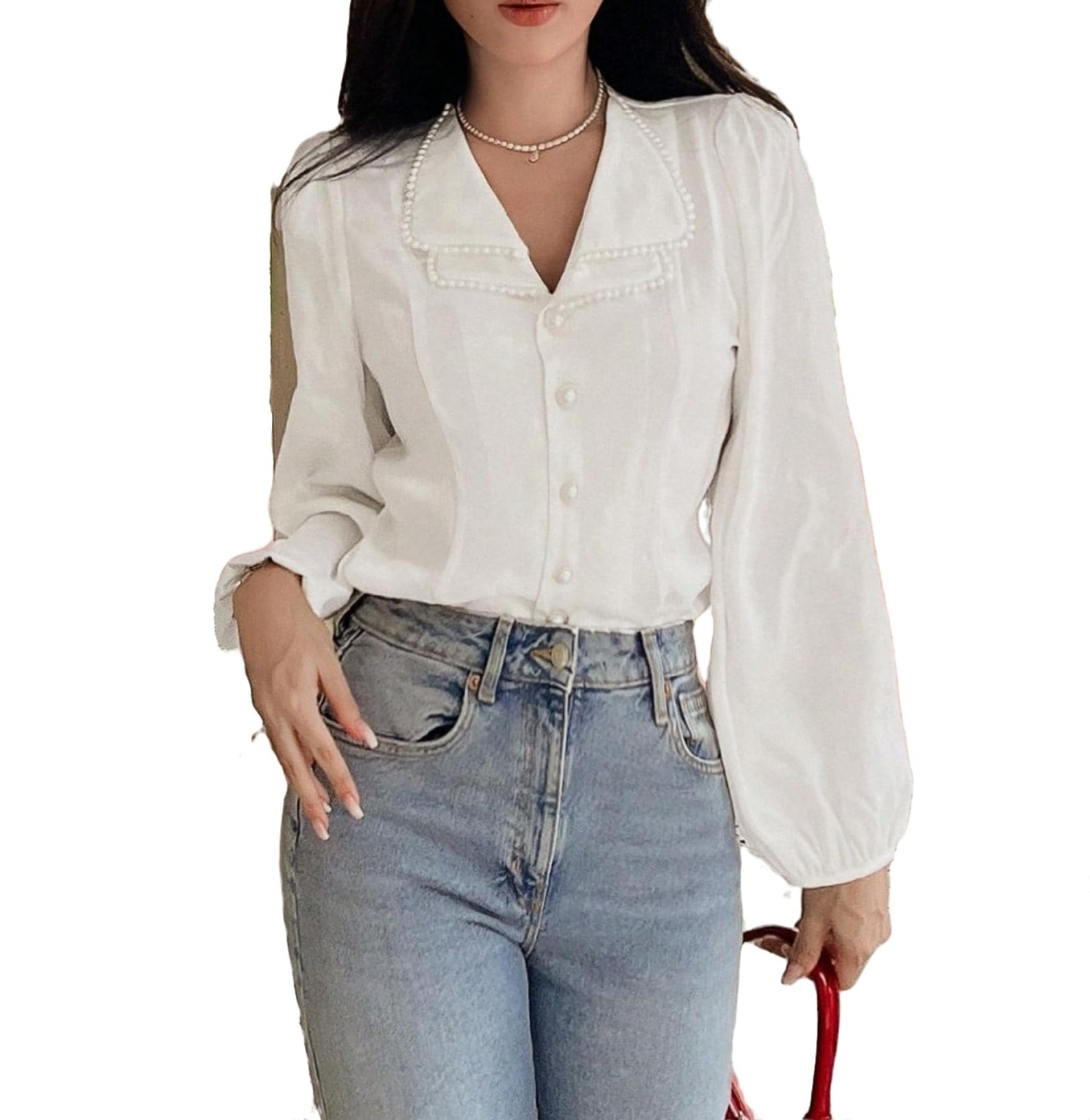 Elegant Plain Collar Shirt Long Sleeve White Women Blouses (Women's ...