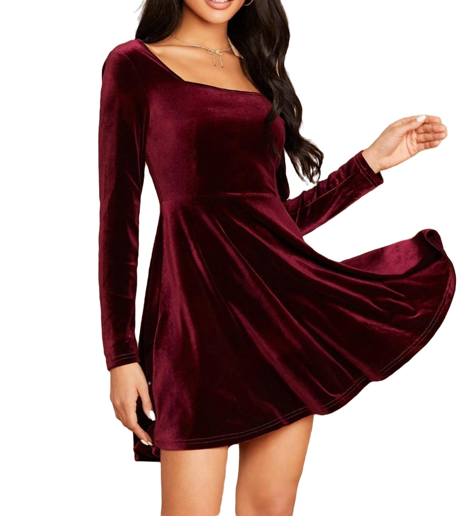 Elegant Plain Fit and Flare Dress Square Neck Burgundy Women Dresses ...