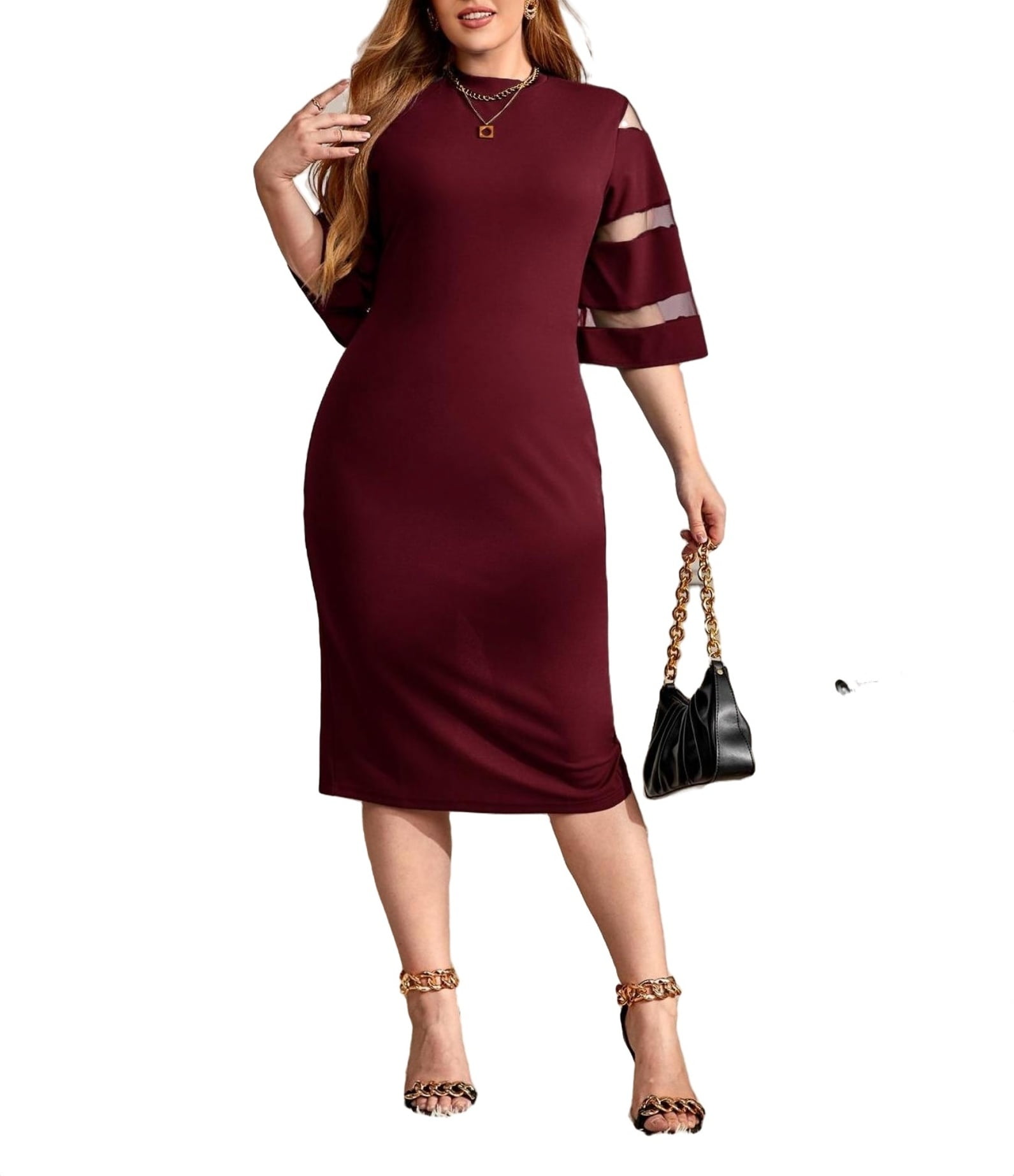 Elegant Plain Fitted Dress Stand Collar Maroon Plus Size Dresses ...