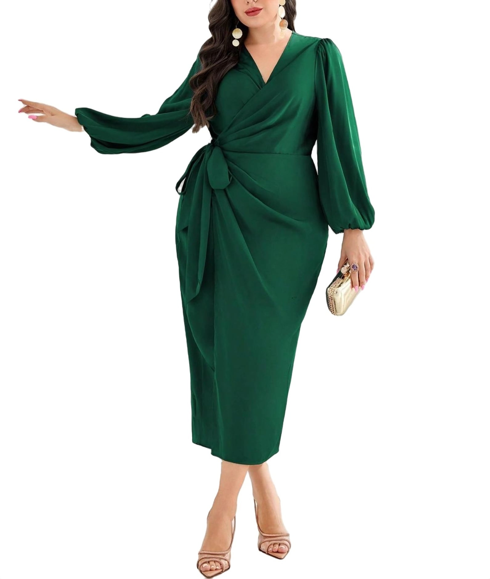 Elegant Plain Fitted Dress V neck Dark Green Plus Size Dresses ...