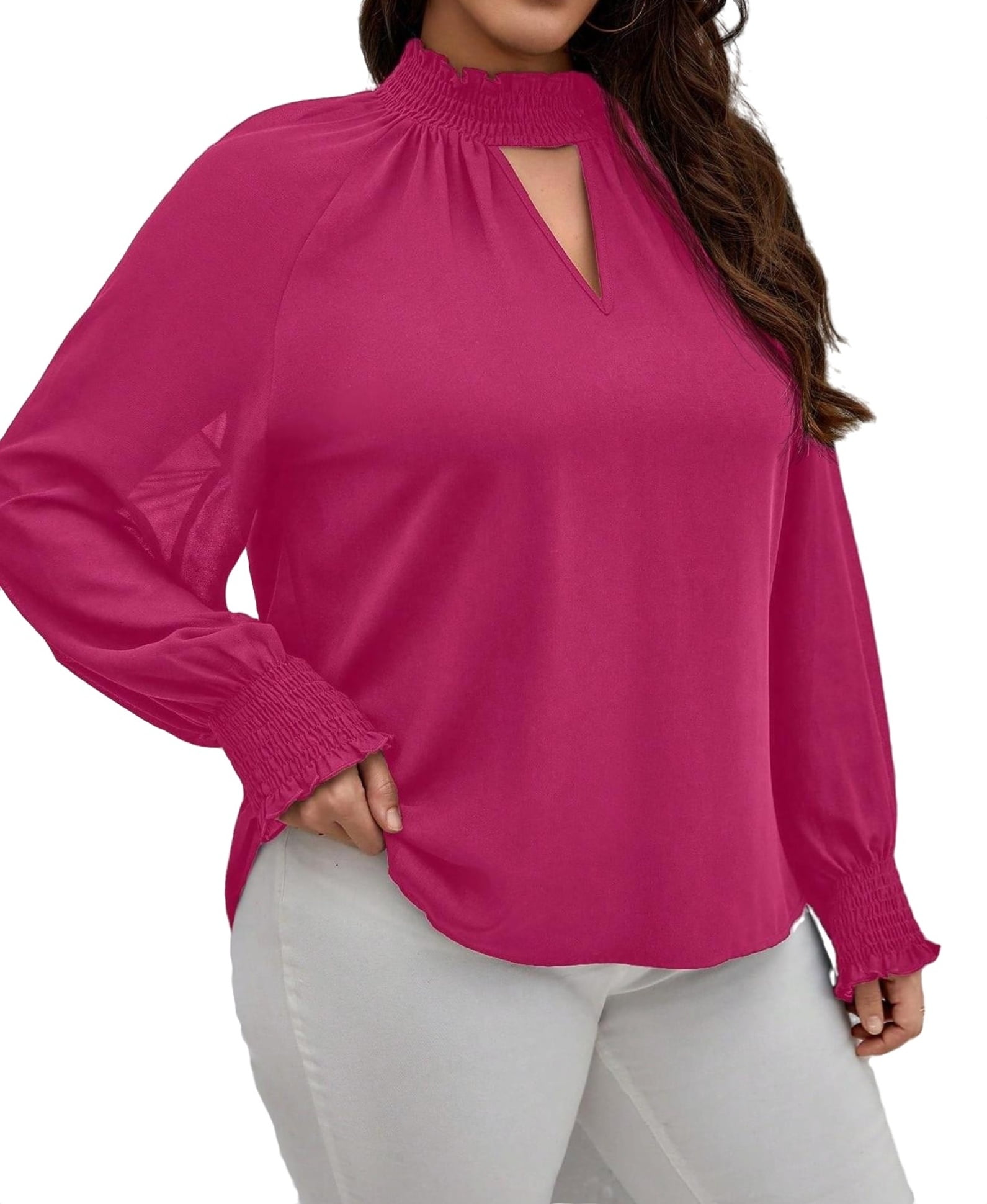 Elegant Plain Keyhole Neckline Top Long Sleeve Hot Pink Plus Size